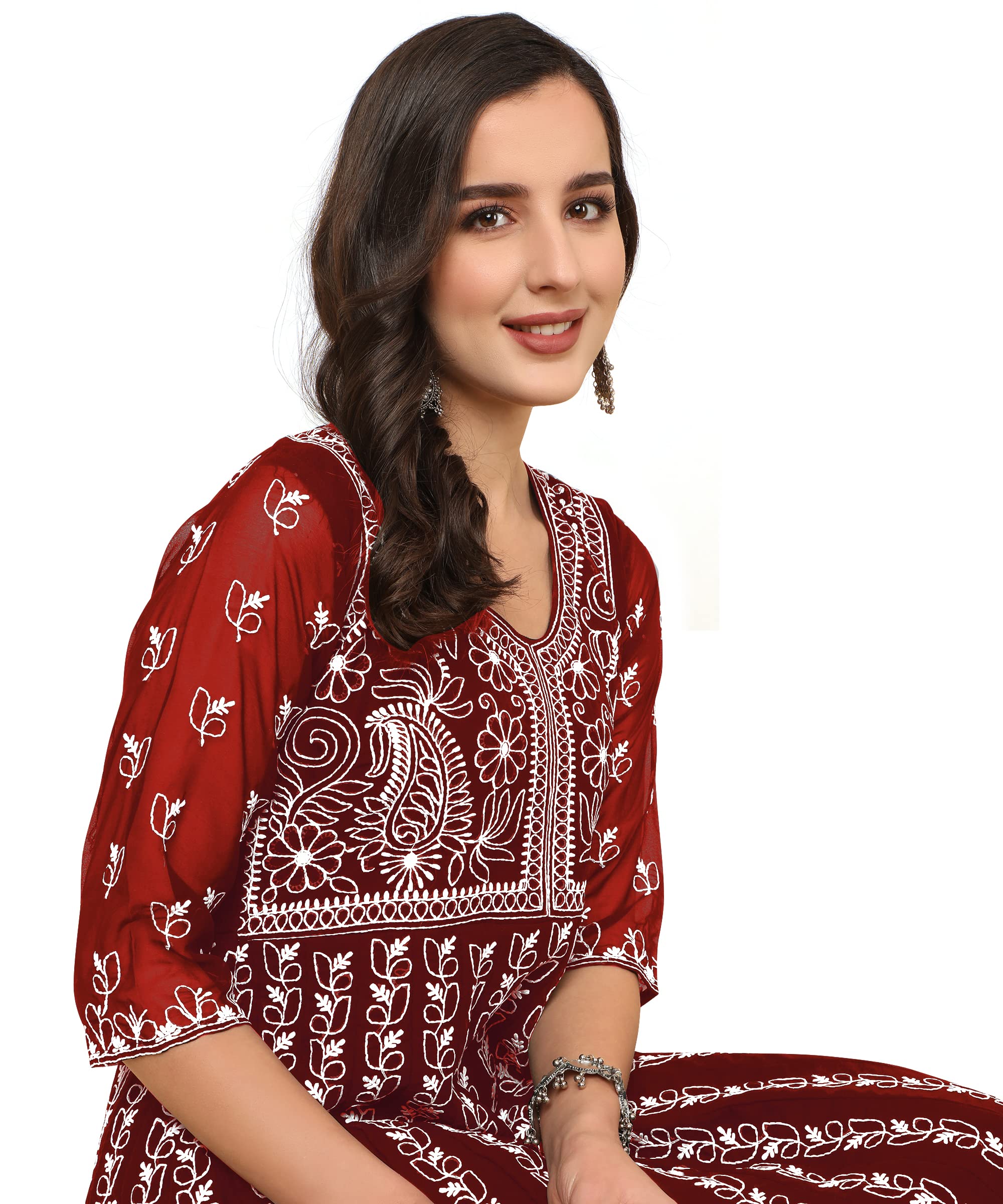 EthnicJunction Women's Georgette Chikankari Embroidery Anarkali Kurta (X Large) (Rust Orange)
