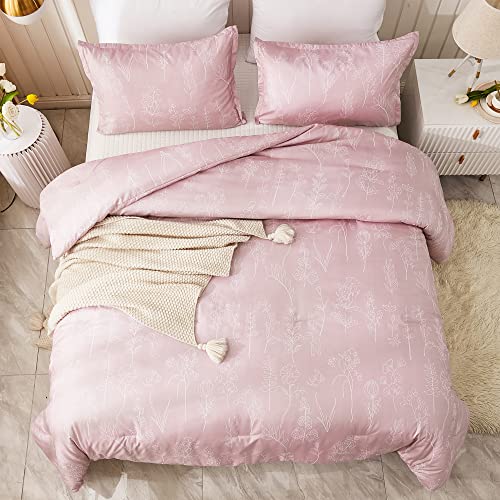 Litanika Pink Full Size Comforter Sets for Girls, 3 Pieces Cute Blush Floral Women Lightweight Bedding Comforter Sets, Flowers Soft Bed Set Gift Choice All Season (79x90In Comforter, 2 Pillowcases)