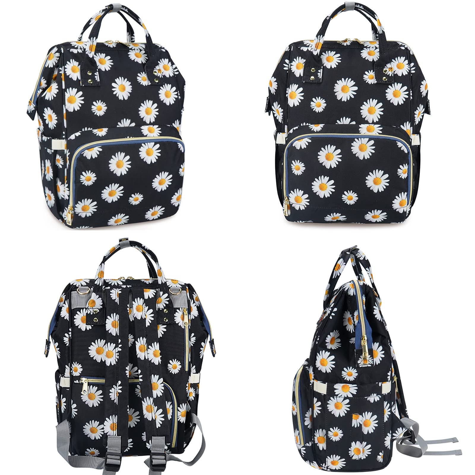 MCWTH Daisy Diaper Bag Backpack for Baby Girls, Multifunction Nappy Bags for Women Maternity (Black)