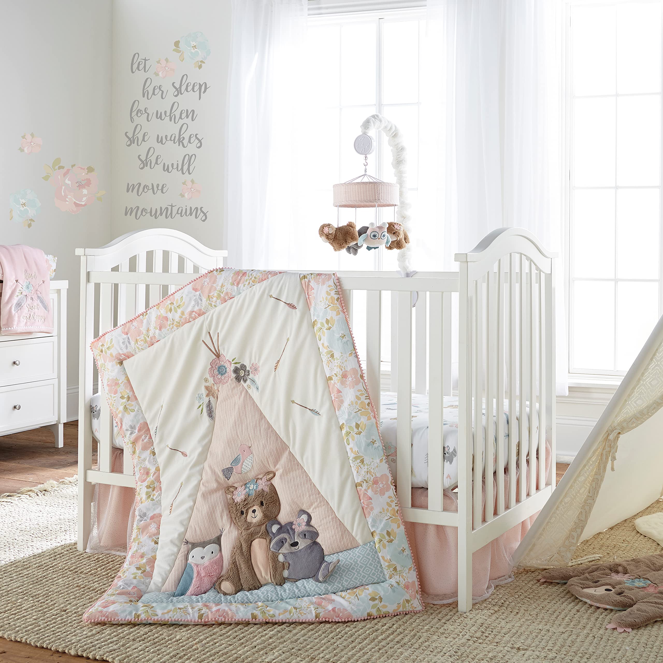 Levtex Baby - Malia Crib Fitted Sheet - Fits Standard Crib and Toddler Mattress - Words - Grey, Pink, Teal and White - Nursery Accessories - 100% Cotton