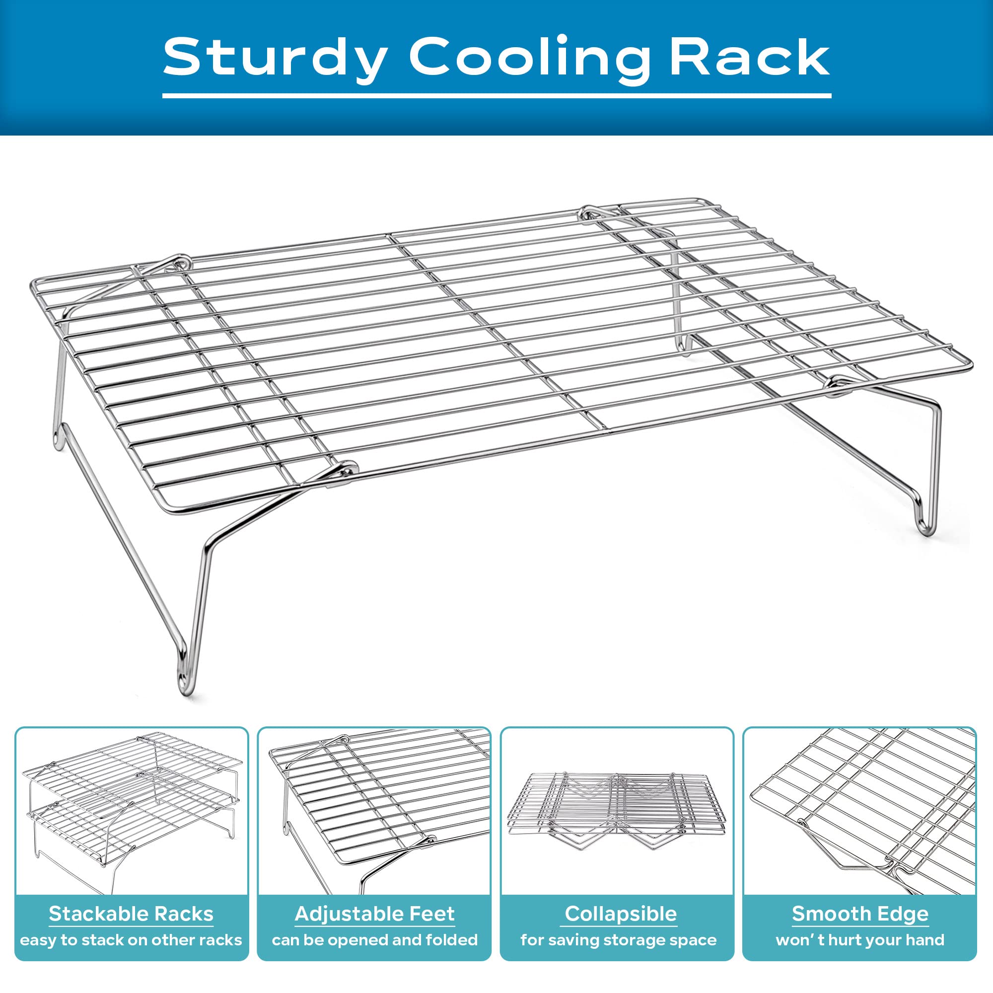 Leonyo Cooling Baking Rack 5-Tier Stackable Stainless Steel Wire Baking Cooking Racks Set for Cookie, Pizza, Cup Cake, Raised & Folding Feet, Oven Safe & Dishwasher Safe, Rust-Resistant - 15’’ x 10’’