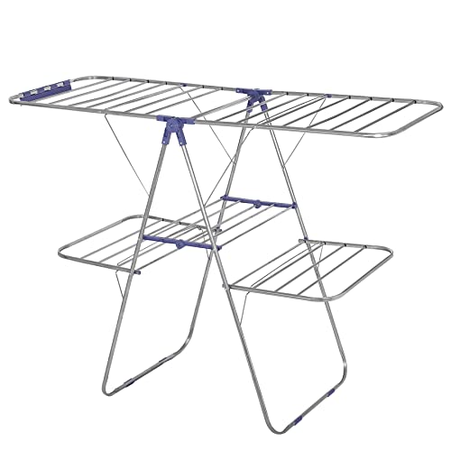 SUPER DEAL Clothes Drying Rack with Socks Clips, 2 Tier Gullwing Laundry Rack Adjustable and Foldable Wings for Easy Storage Heavy Duty Stainless Steel, Silver