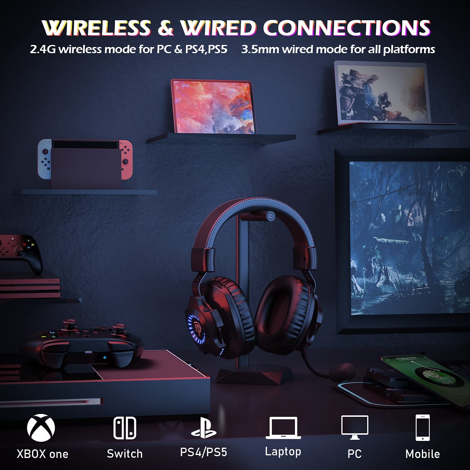 EasySMX 2.4G Wireless Gaming Headset PS5/PS4/PC V07W Noise Cancelling Over Ear 7.1 Surround Gaming Headphones with Detachable Mic, RGB Lighting, Soft Memory Earmuffs, Wired Mode for Xbox One
