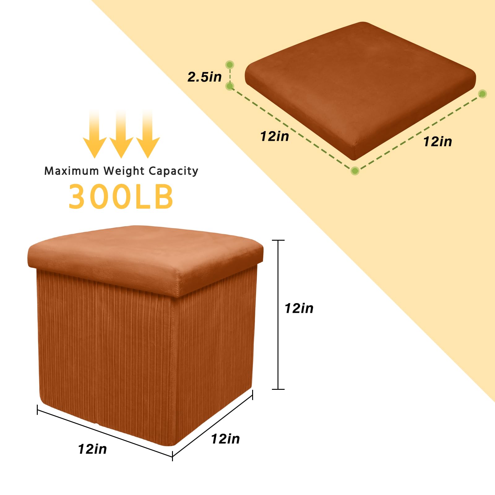 ECOMEX Folding Storage Ottoman Cube, 11.8 Inches Small Storage Ottoman with Padded Seat Foldable Cube Ottoman with Storage Velvet Cube Ottoman for Bedroom Living Room, Orange