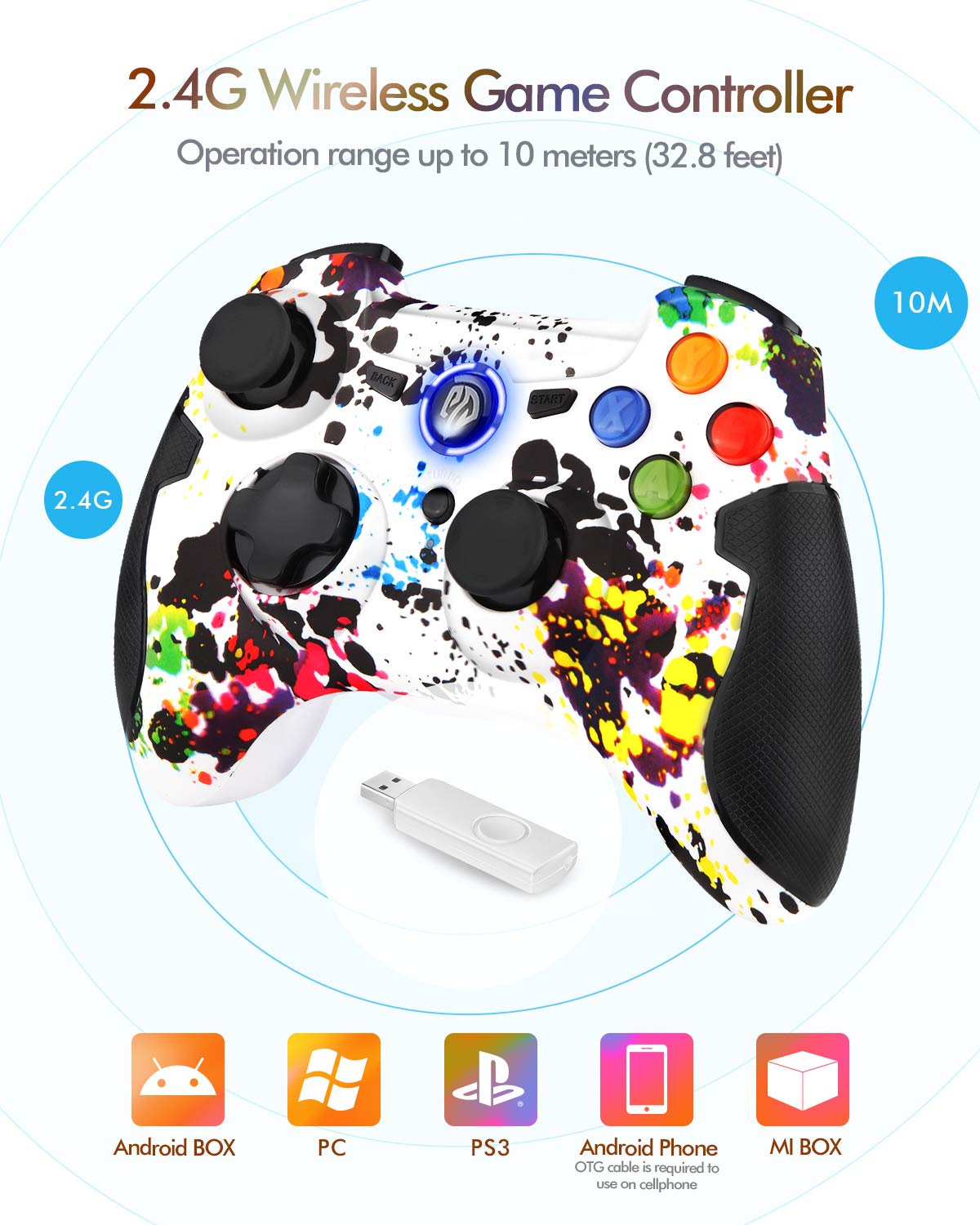 EasySMX 2.4G Wireless Controller for PS3, PC Gamepads with Vibration Fire Button Range up to 10m Support Windows PC, PS3, Android, Vista, TV Box Portable Gaming Joystick Handle (White)