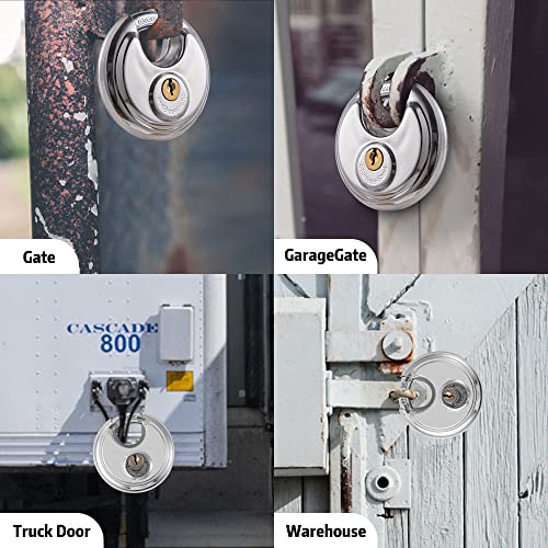 HonesaLoc Disc Padlock Outdoor, 2 Pack Heavy Duty Stainless Steel Discus Padlock, Waterproof Combo Gate Lock with Key for Storage Locker, Garages Warehouse, Sheds and Fence