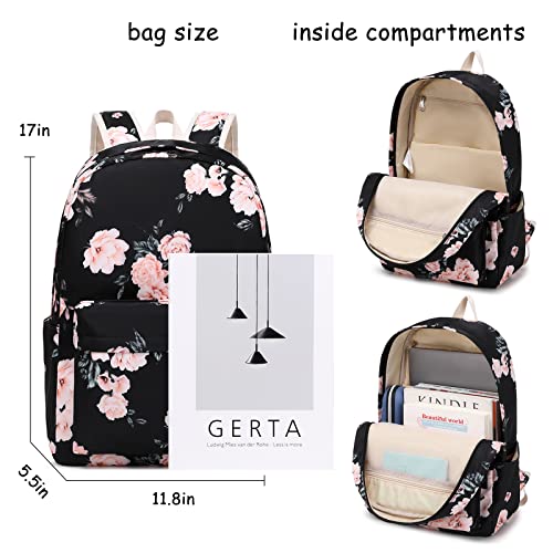 SHEEYEE School Backpack for Girls Bookbags with Lunch Box Set Students Laptop Travel Floral Backpack(Black with Flower)