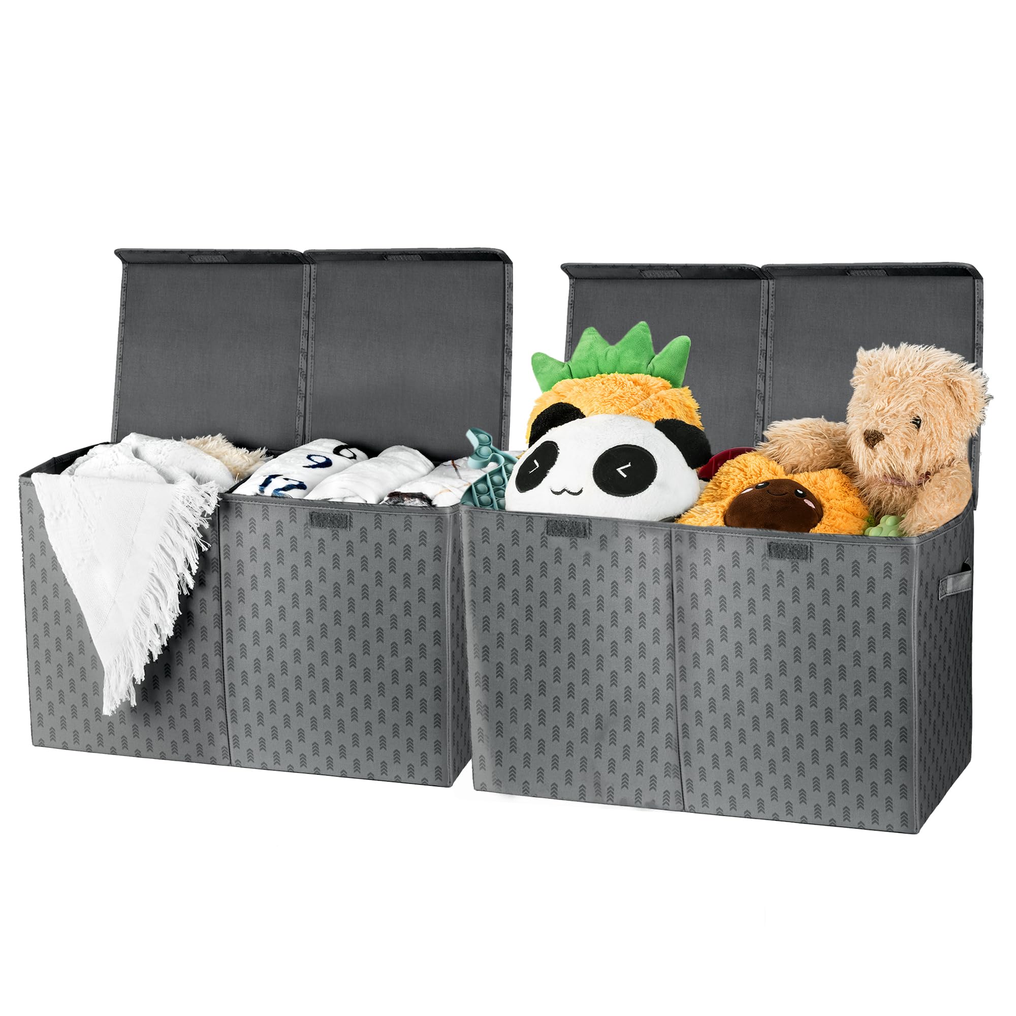 Hula Home Toy Storage (3pc) Large - Collapsible Chest Bins w/Lids | Premium Polyester Linen Fabric - Foldable Box Organizer Closet Trunk Container Basket w/Cover for Boys Girls Bedroom Nursery(Gray)