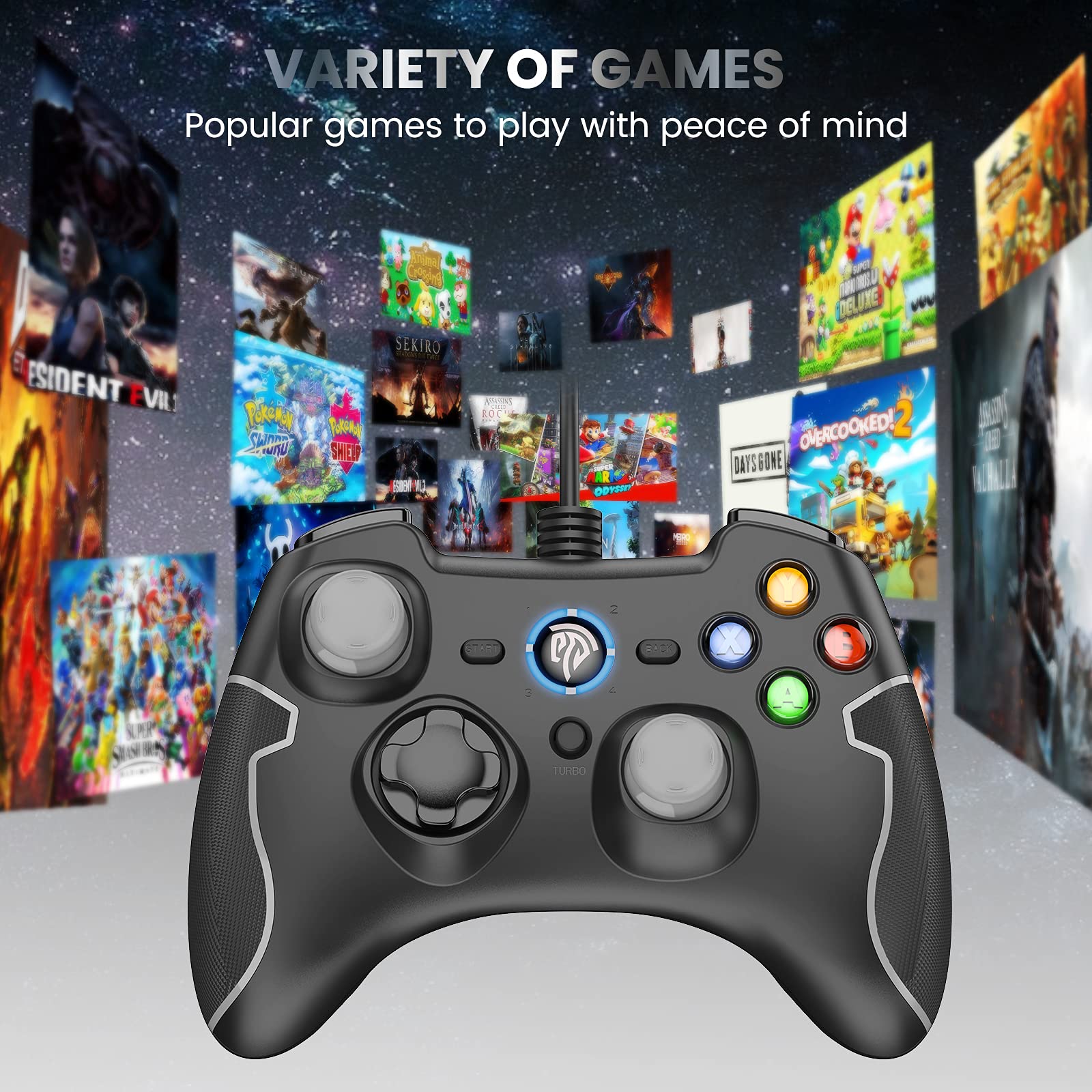 EasySMX Wired Gaming Controller, PC Game Controller Joystick with Dual-Vibration Turbo and Trigger Buttons for Windows/Steam/Android/ PS3/ TV Box