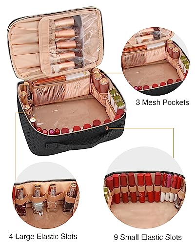 Relavel Travel Makeup Bag, Large Cosmetic Organizer Case Travel Toiletry Storage Train Case for Women and Girls, with Brush Compartment and Easy to Clean Lining, Black