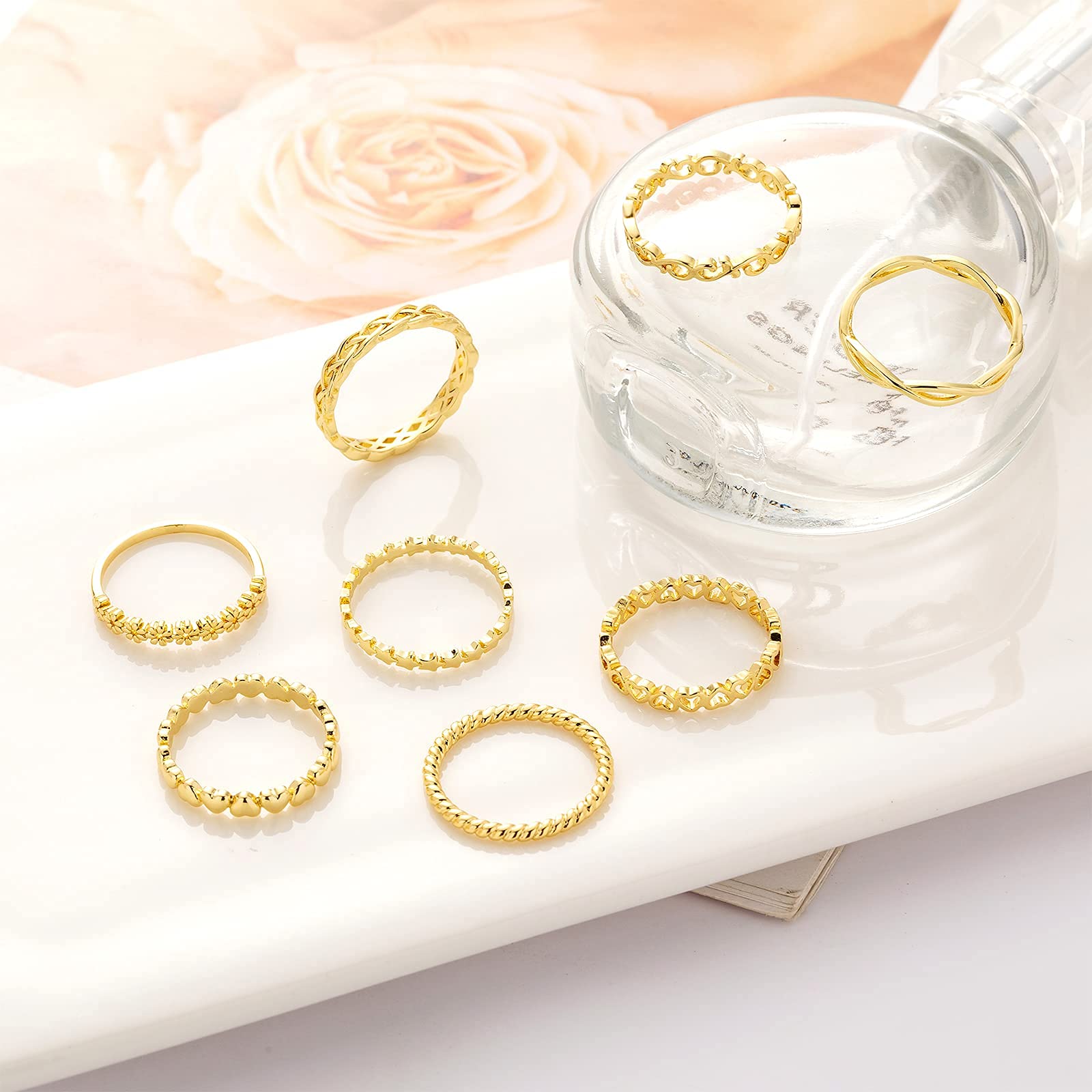 FUNEIA 8Pcs Knuckle Stacking Rings for Women14K Gold Plated Stackable Thumb Rings Set Star Heart Celtic Knot Daisy Flower Twisted Eternity Rings Engagement Promise Wedding Band Ring Size 5-9