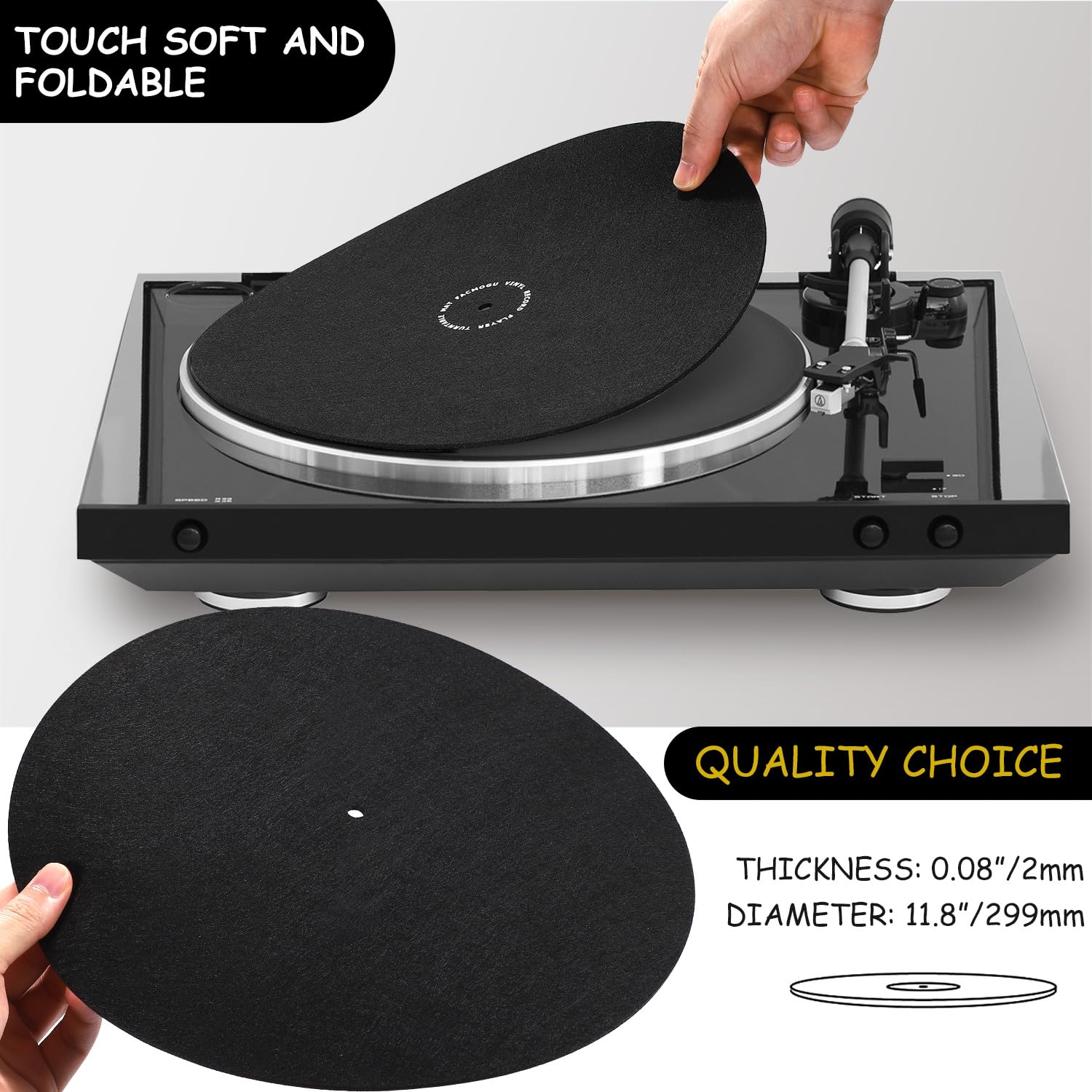 Facmogu 12 Inch 2mm Turntable Slipmat Wool Mat Anti Vibration Record Platter Mat, Phonograph LP Vinyl Record Player Black Mat Slip-Mat Player Wool Pad, Professional Tuning Equipment Improve Sound