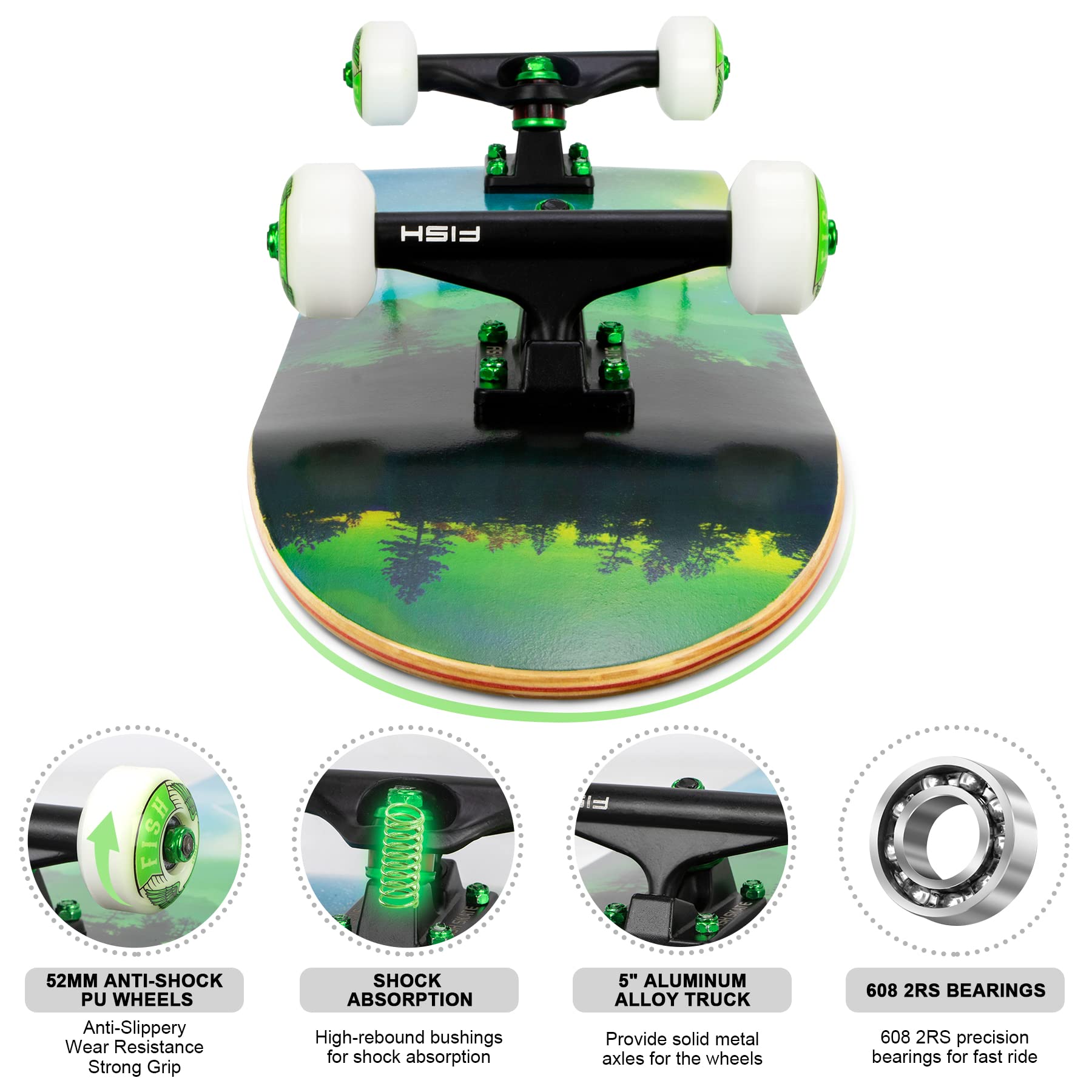 FISH SKATEBOARDS Standard Skateboard, Complete Skateboard 31''x 8'', 7 Layer Canadian Maple Double Kick Deck Concave Cruiser Trick Skateboards for Kids Boys Girls Youths Beginners.
