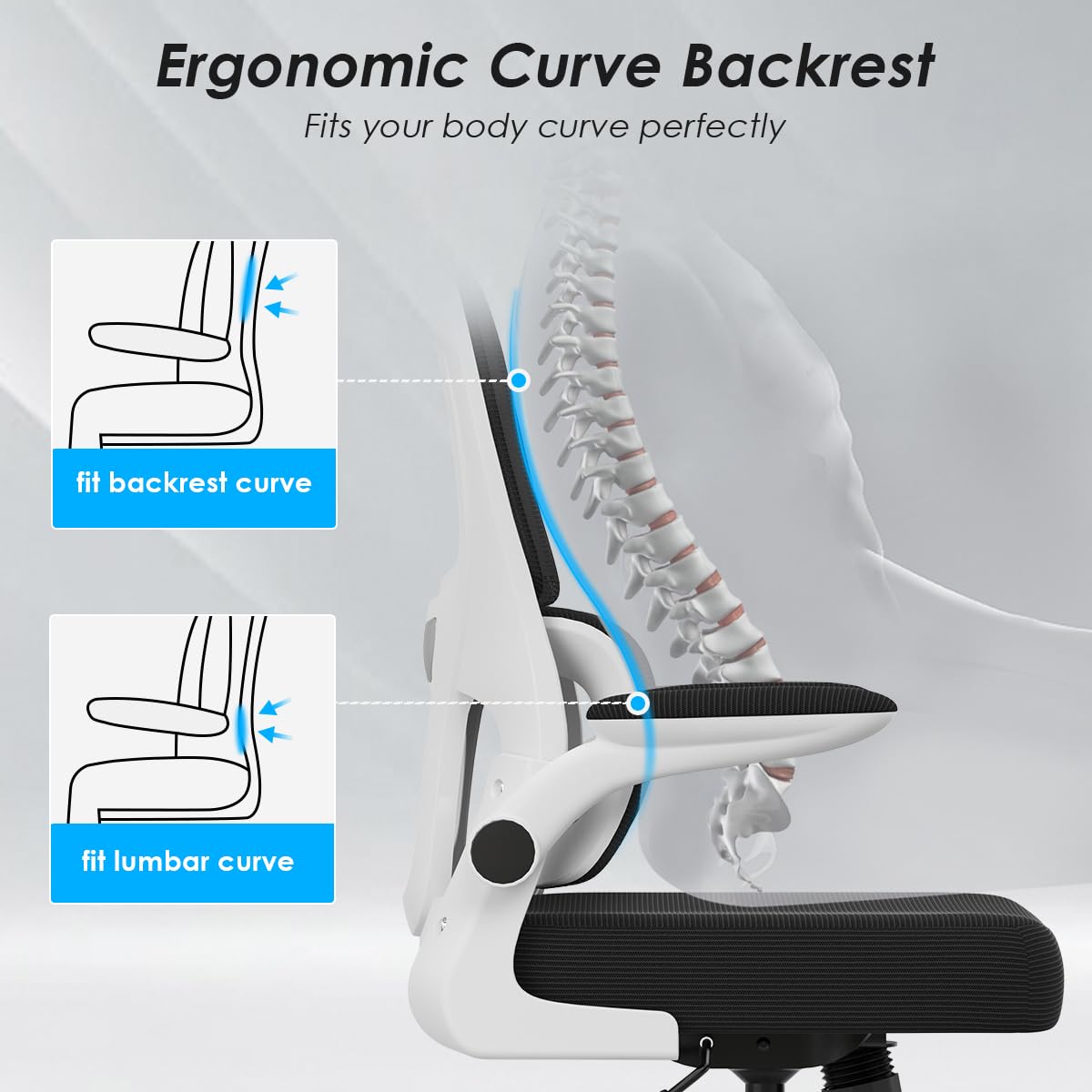 Soohow Ergonomic Home Office Chair, Mesh Desk Chair with Lumbar Support, Comfy Computer Desk Chair with Flip Armrest Rolling Wheels, White.