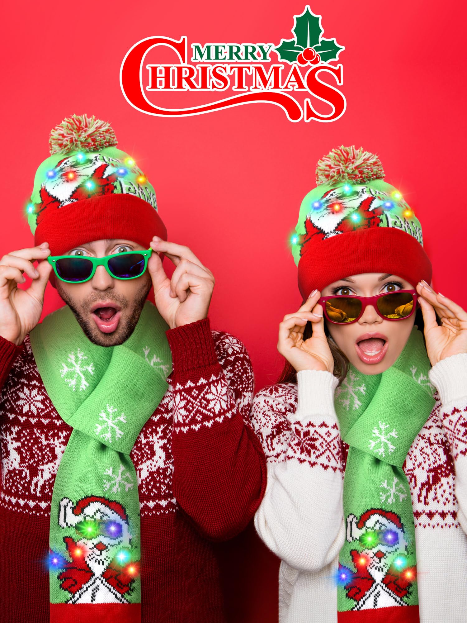 Eurzom 3 Pieces LED Light up Christmas Hat Xmas Light up Scarf Gloves Set Holiday Christmas Hat Beanie Knit Cap for Christmas Party (Sunglasses)