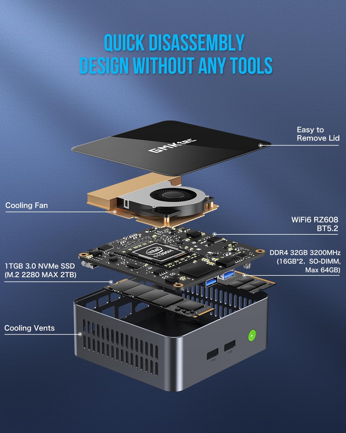 GMKtec Mini PC Preinstalled Windows 11 Pro Intel Core i7-11390H (Turbo 5.0 GHz) 32GB DDR4 1TB SSD Desktop Mini Computers WiFi 6, BT 5.2, DP, HDMI, RJ45 2.5G, USB3.2
