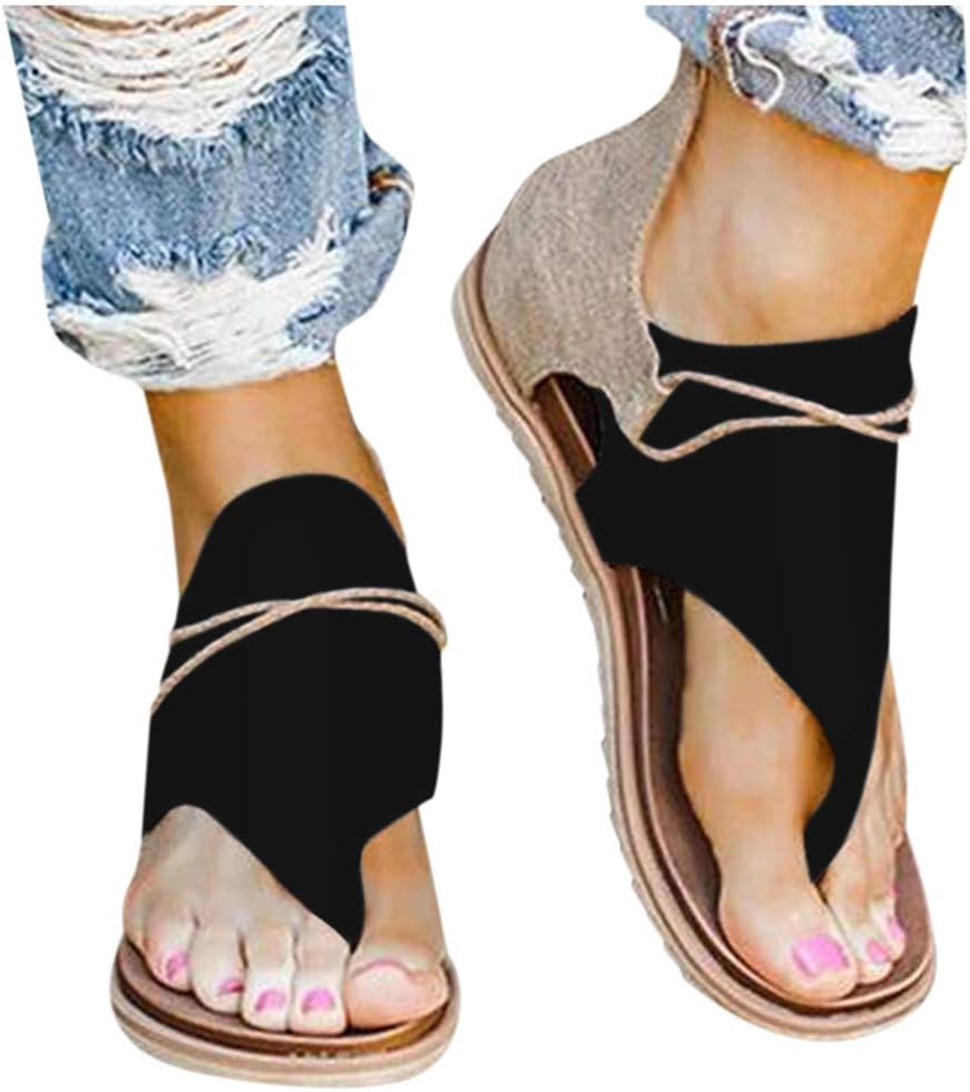 FABIURT Sandals for Women Roman Sandals Slip-On Ankle Strap Flip Flop Open Toe Casual Summer Beach Gladiator Flat Sandal