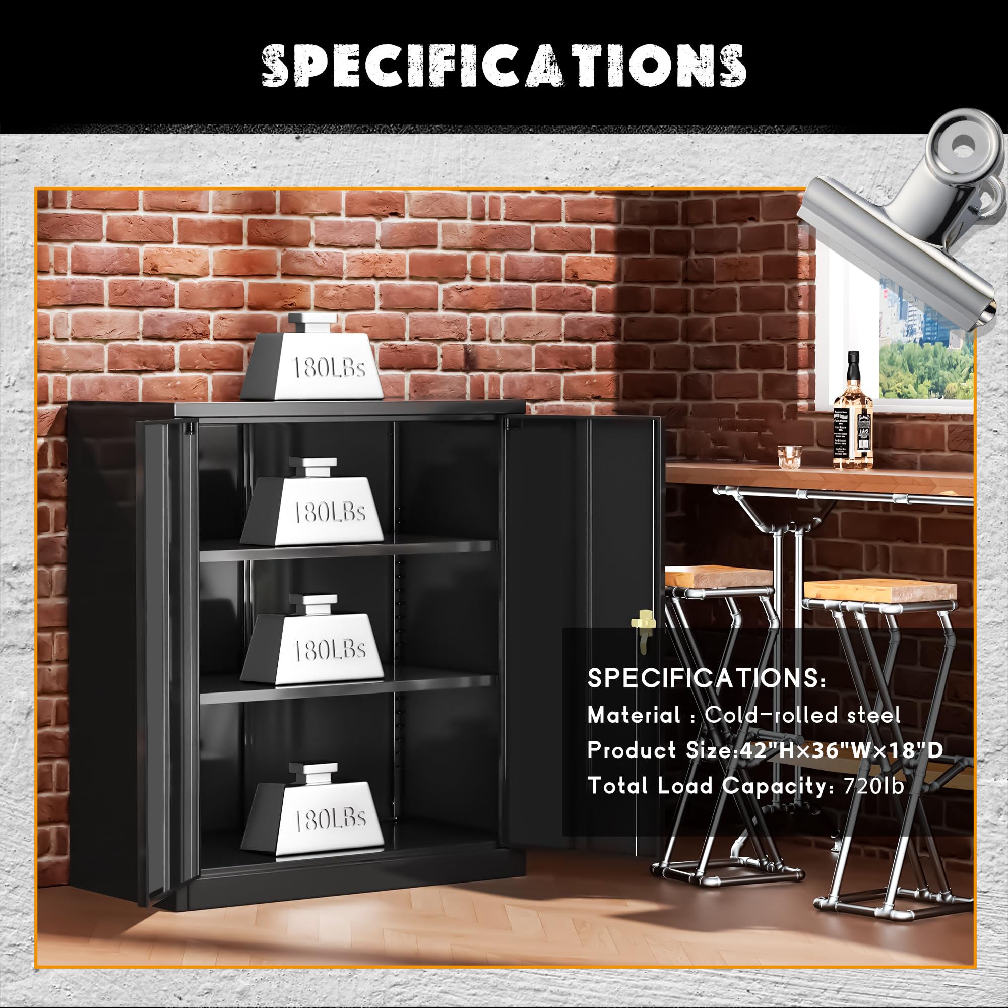 Greenvelly Metal Storage Cabinet, 42”Locking Storage Cabinet with Doors and Shelves, Black Lockable Storage Cabinets for Office, Utility Locker Cabinet, Steel Garage Cabinet with 2 Keys for Home