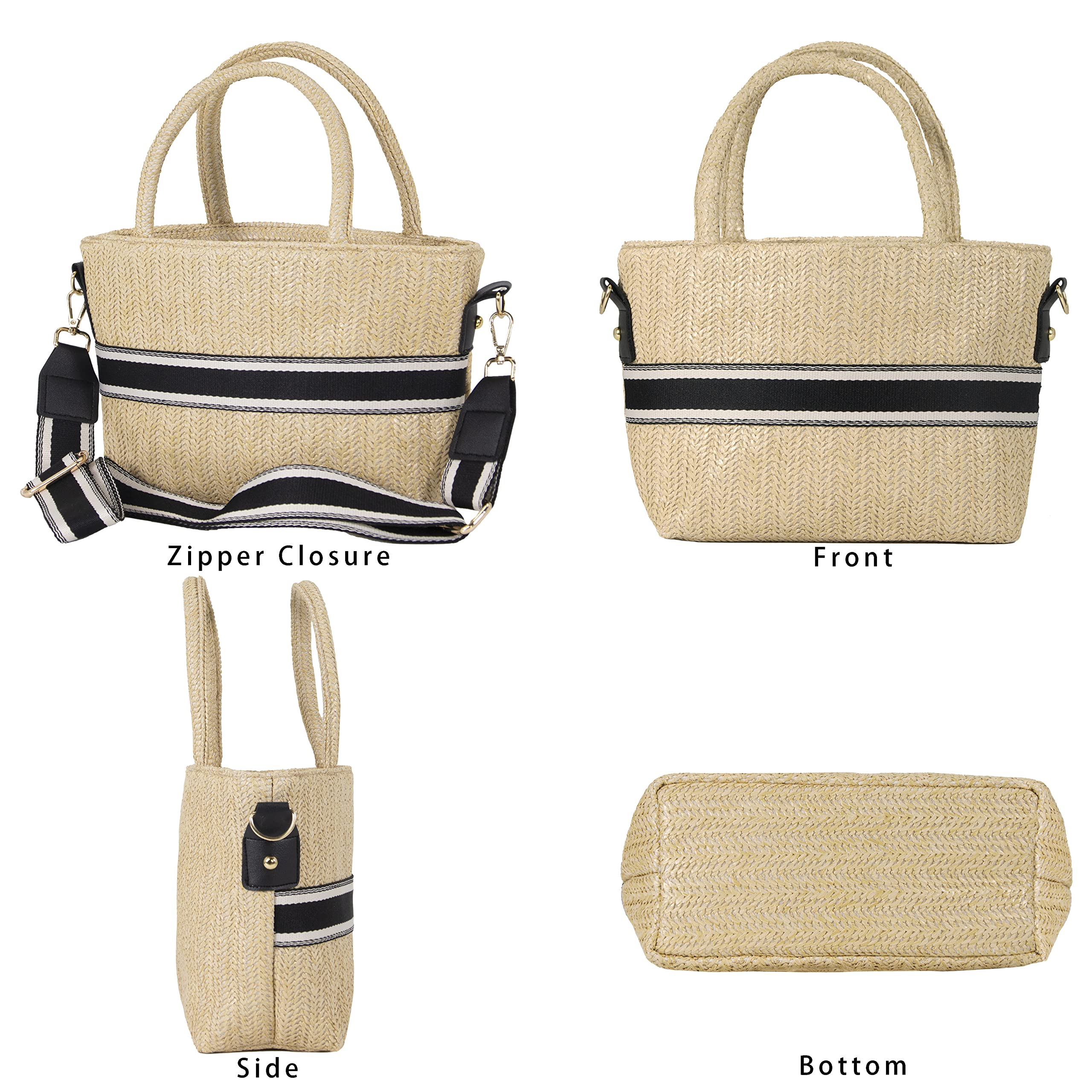 Hibala Straw bag Woven handbag Beach bag Straw purses for women Shoulder bag Summer Beach Tote (Black&White Stripe)