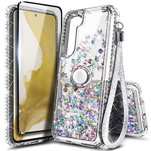 NGB Supremacy Compatible with Samsung Galaxy S23 Plus Case (6.6 Inch) with Tempered Glass Screen Protector, Ring Holder/Wrist Strap, Girls Women Bling Liquid Floating Glitter Cute Case (Gem)