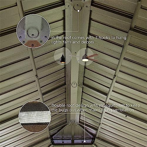Evedy 12x20FT Hardtop Gazebo,Outdoor Permanent Pavilion with Curtains&Netting,Outdoor Aluminum Wood Grain Gazebos with Galvanized Steel Double Canopy for Patios Deck Backyard,Lawn (Yellow Brown)