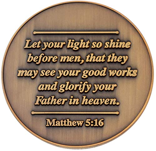 Let Your Light Shine Christian Challenge Coin, Pass Along Pocket Token of Encouragement, Handout for Bible Study, Antique Gold Plated Matthew 5:16 Gift