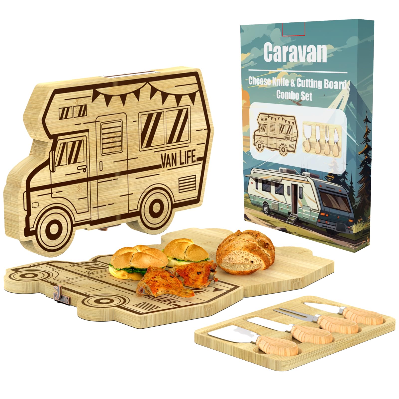 RV Bamboo Charcuterie Boards Outdoor Travel Folding Serving Platter with Cheese Knives Personalized Picnic Tray Cool Christmas Birthday Gifts for Women Men Camper