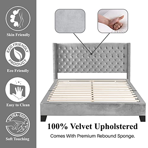 NHI Express Contemporary Velvet Upholstered Deep Button Tufting Solid Frame Platform Bed with Wood Slats King/Queen Size, Silver