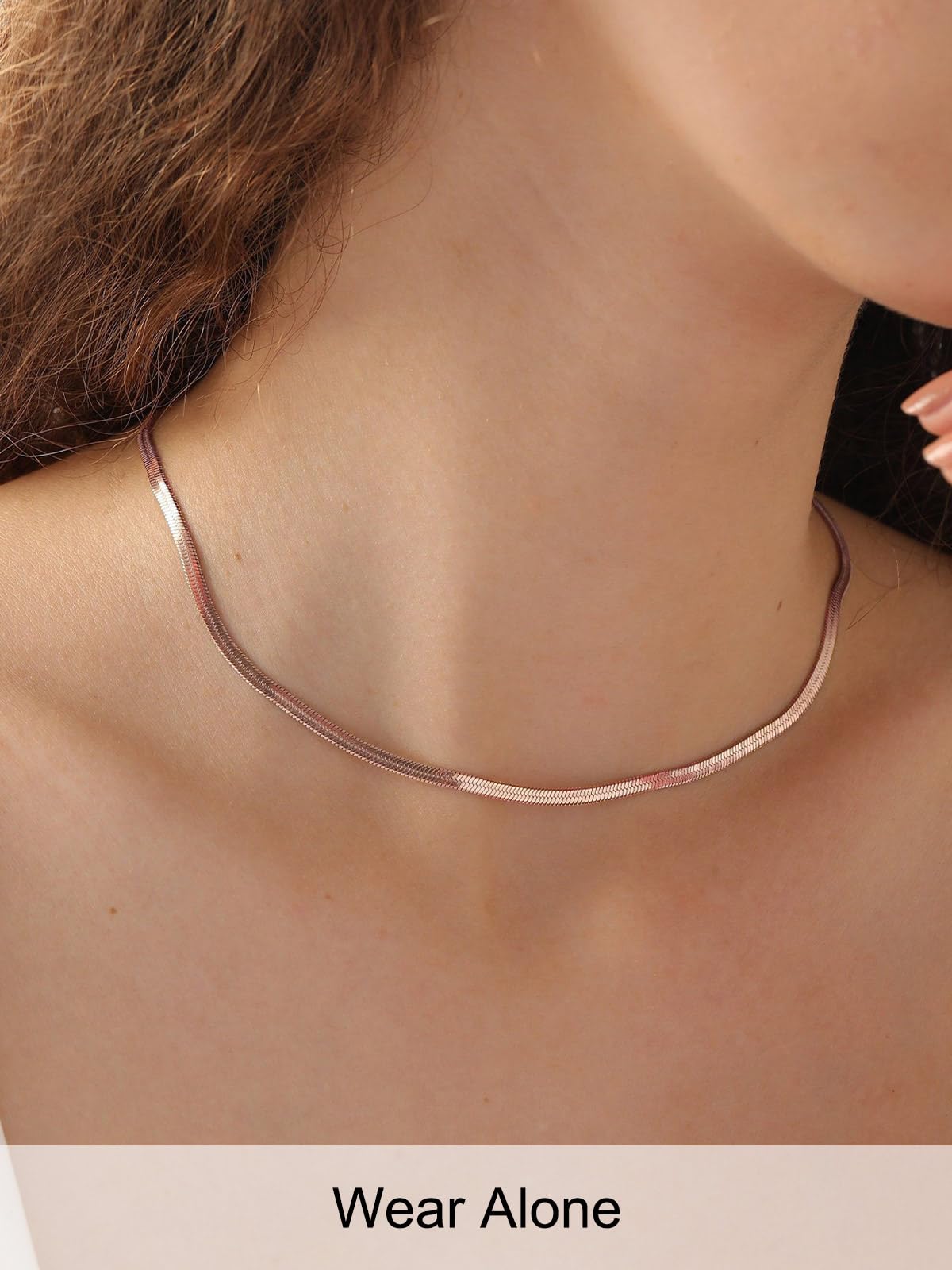 FOCALOOK Rose Gold Plated Flat Snake Chain Necklace Herringbone Necklace Pink Choker Necklaces for Women 3MM(W) 12.5+3.5"(L)