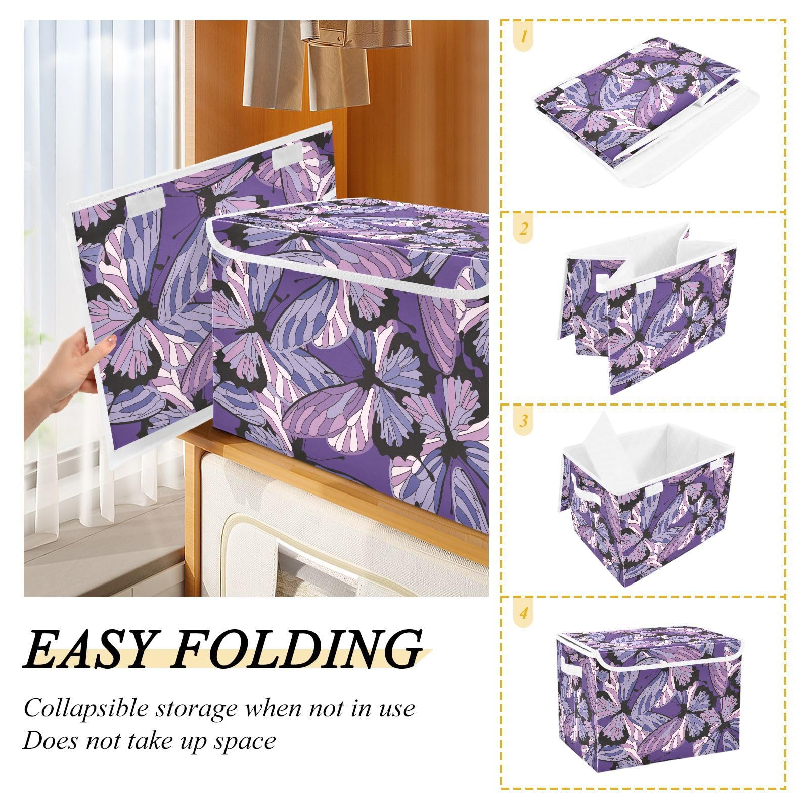 FOLIOSA Storage Boxes Butterflies Purple collapsible Flip-top locker Fabric Storage Bins with Handle for Home Bedroom Closet Office 16.5×12.6×11.8 in