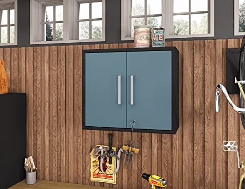 Manhattan Comfort Eiffel 4-Piece Garage Storage Set in Matte Black and Aqua Blue