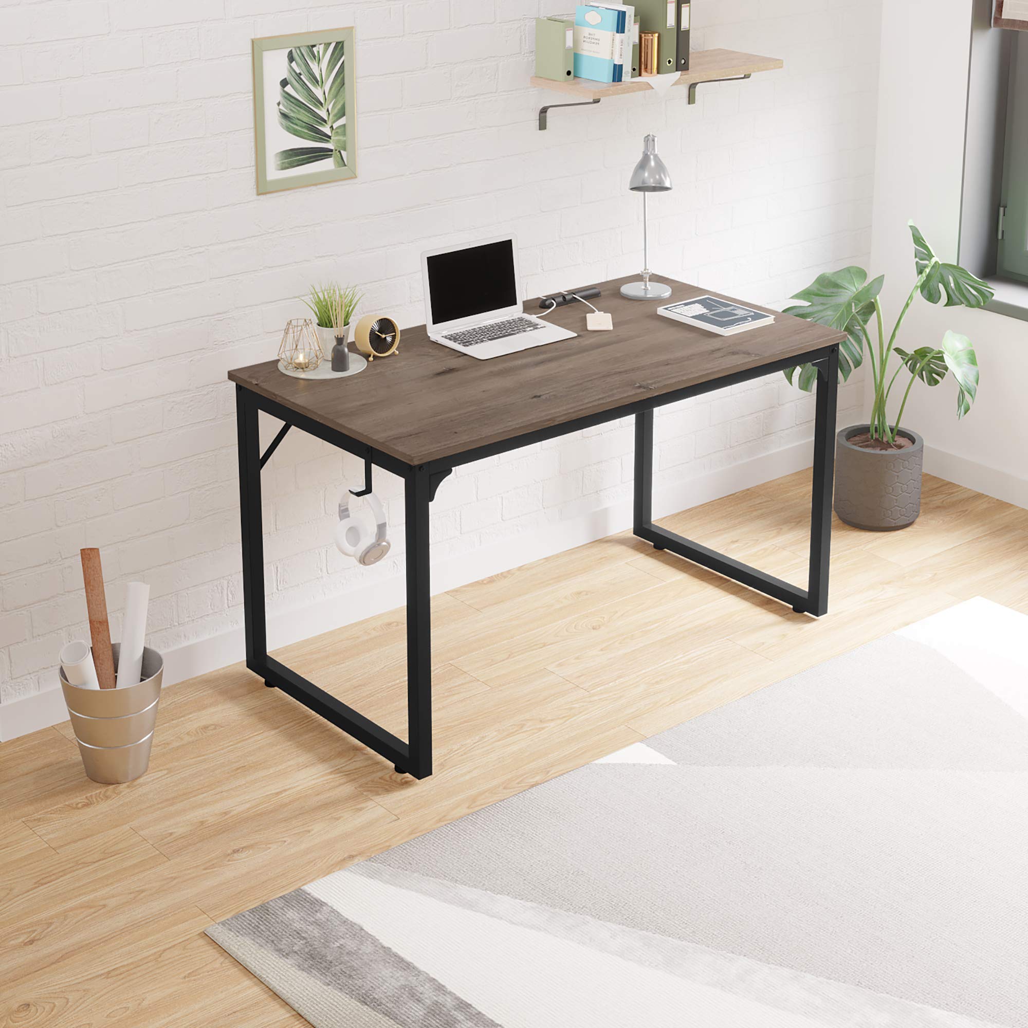 Flrrtenv 47 Inch Computer Desk, Small Desk, Office Desk with Hook, Modern Home Office Desk, PC Desk, Grey Oak