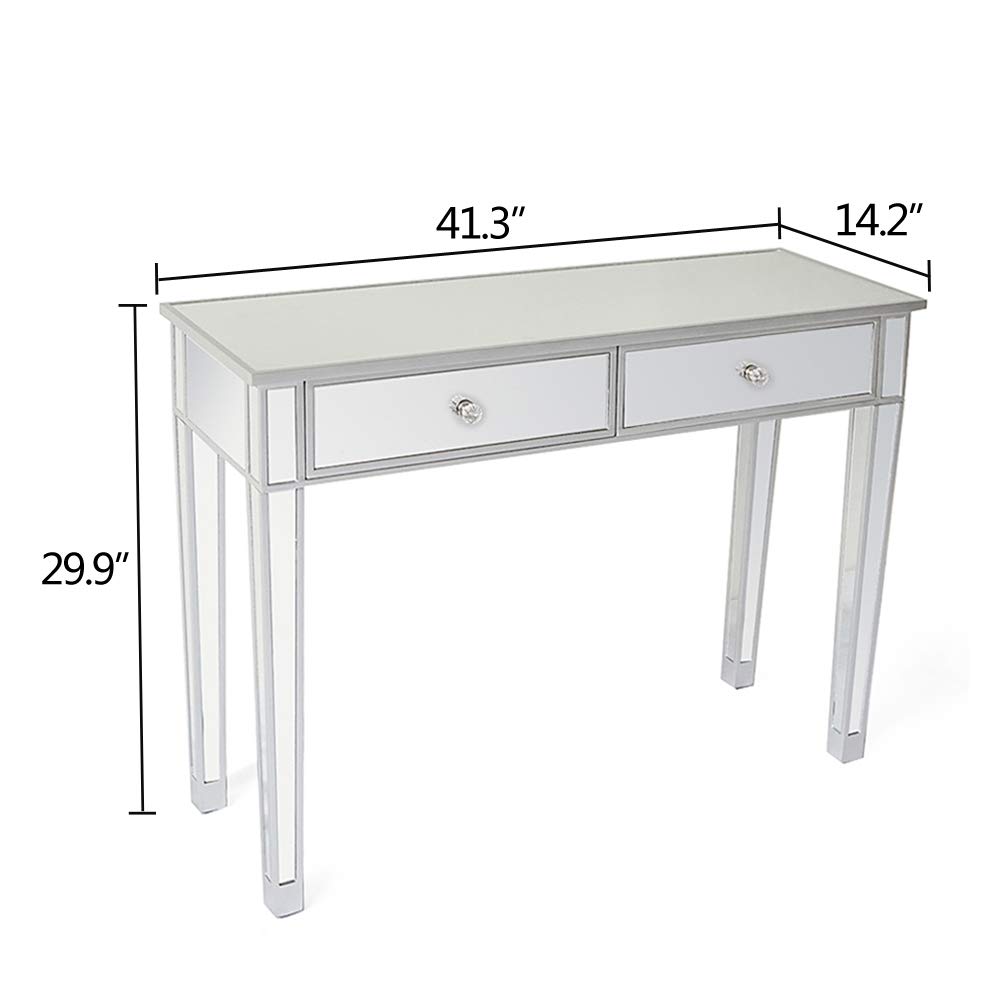 Goujxcy Mirrored Makeup Table Desk,Home Office Smooth Silver Finish Vanity Dressing Table for Women with 2 Drawers Writing Desk Modern Media Console Table