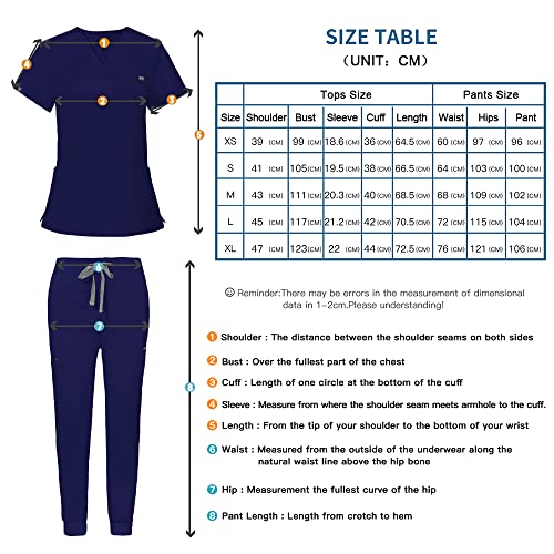 niaahinn Unisex Scrub Set Scrubs Top and Pants Medical Uniform V-Neck Top & Multi Pocket Pants (Navy Blue,M)