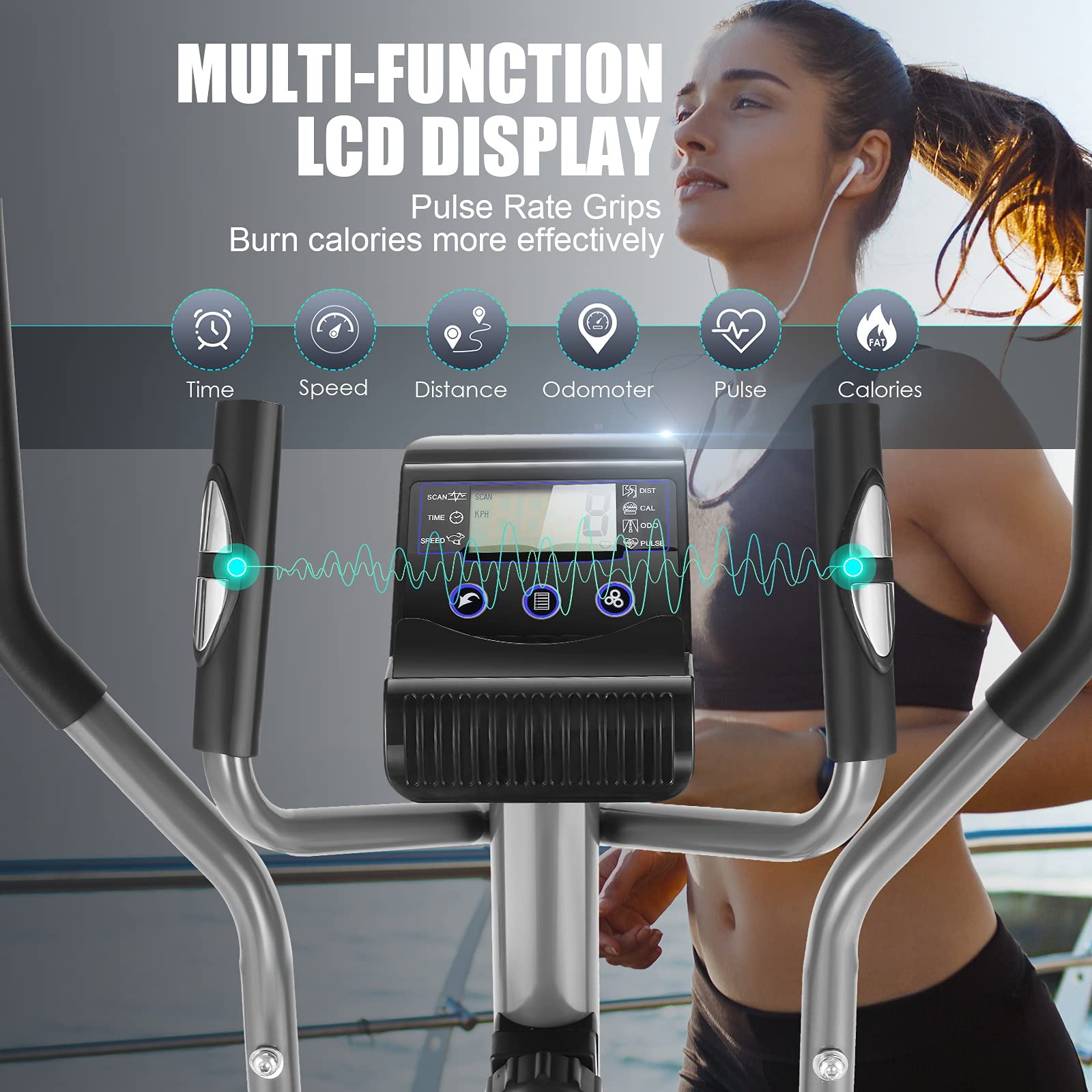 FUNMILY Elliptical Machine for Home, Elliptical Machine Cross Trainer with APP, 8 Level Magnetic Elliptical with LCD Monitor and Pulse Sensors Max Capacity 390lbs (Silver)