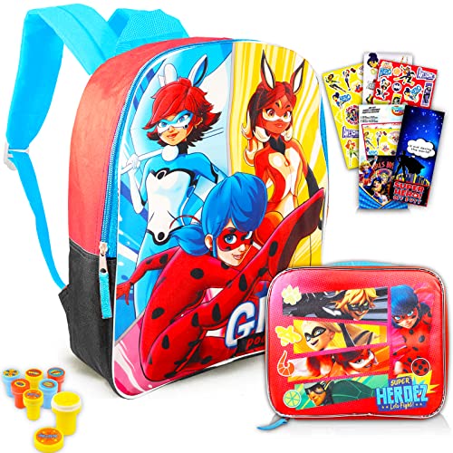 Miraculous Ladybug Backpack With Lunchbox Set - Bundle with 15” Miraculous Ladybug Backpack For Girls, Lunch Bag, Stampers, More | Miraculous Ladybug School Supplies