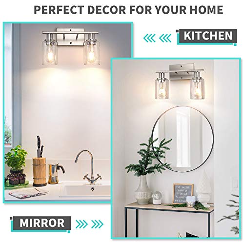 ShineTech 2-Light Bathroom Vanity Light Fixtures, Modern Vanity Lights with Clear Glass Shade, Brushed Nickel Bathroom Wall Light, Wall Sconce Wall Lamp for Mirror Kitchen Living Room Bedroom Hallway