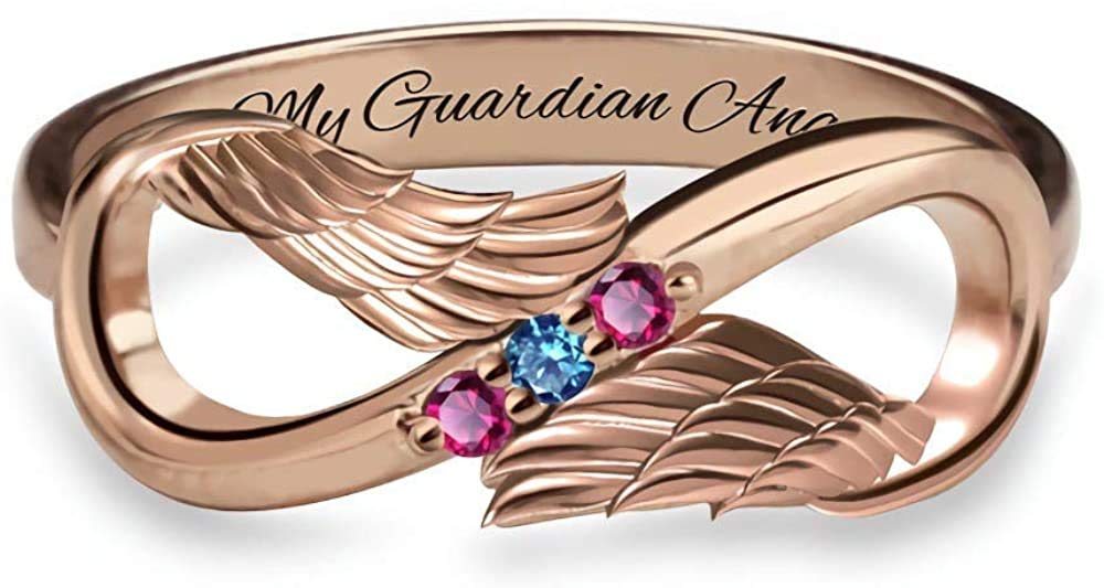EBAT Angel Wings Ring for Women Angels Wing Birthstone Rings Mothers Day With 3 Birthstones Mother Daughter Ring Infinity Personalized Engraved Custom Name Sterling Silver Mom (1)