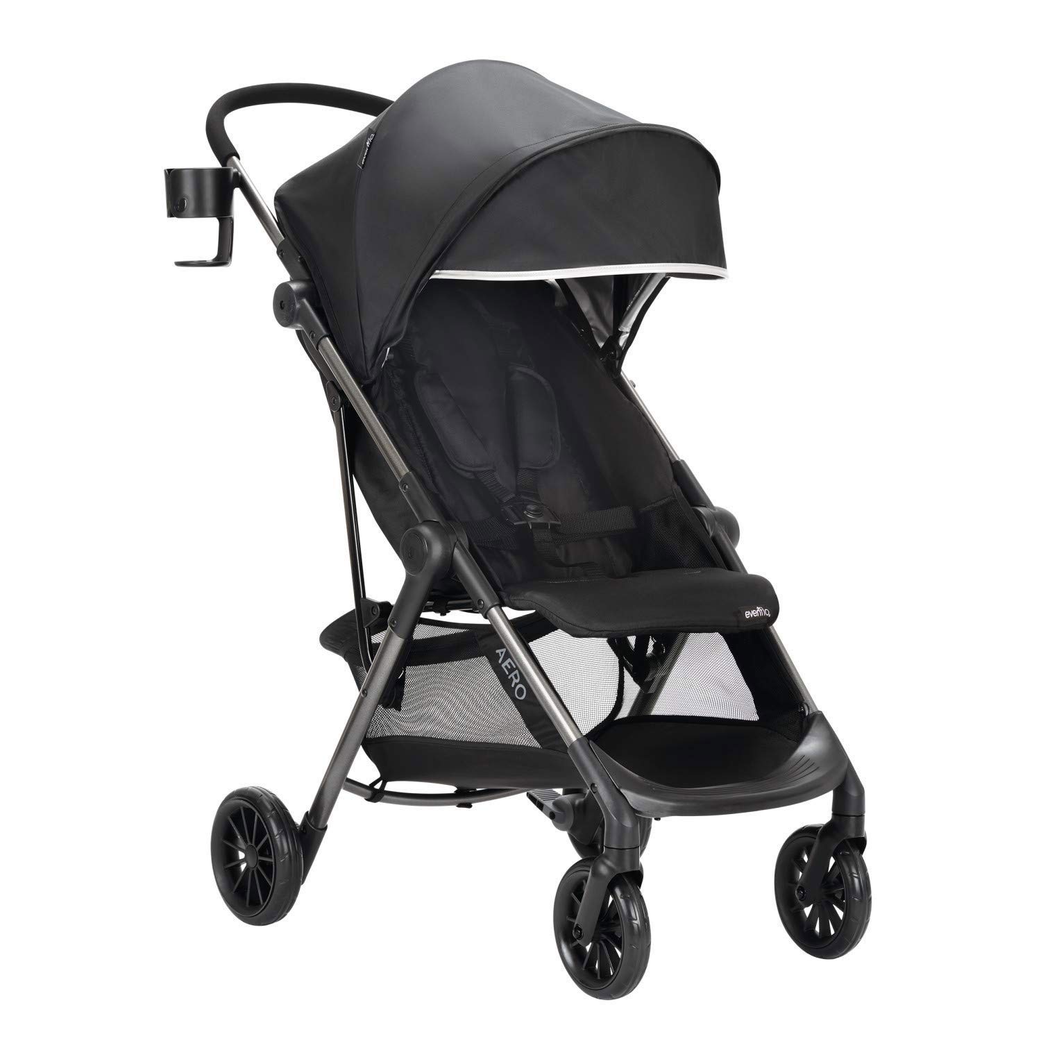 Evenflo Aero Ultra-Lightweight Stroller, Self-Standing Compact Folding Design, 2 Mesh in-Seat Pockets, Large Storage Basket, Flex-Hold Parent Cup-Holder, 50-Pound Capacity, Easy Storage, Lark Black