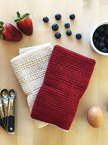 Great Useful Stuff Made in The USA 100% Cotton Kitchen Towels Ultra Soft Absorbent Quick Drying American Dish Towels, Set of 2, Large 24" x 15" Inches (Red and Natural)