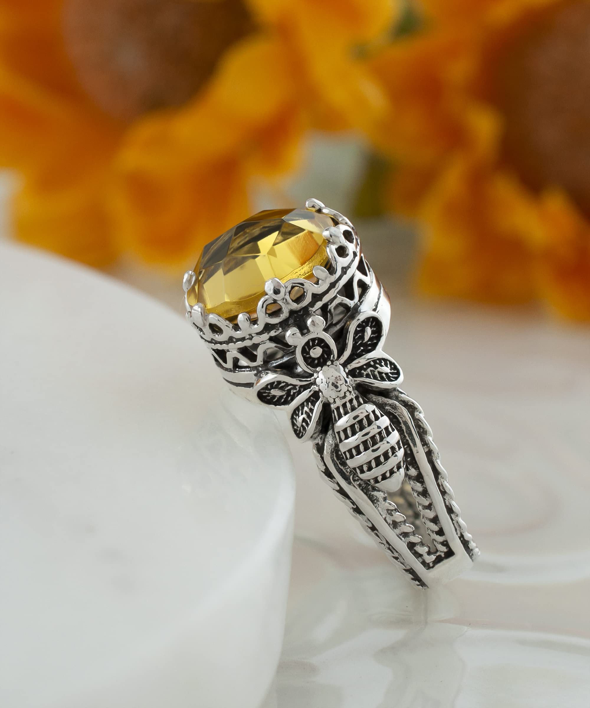 Filigranist 925 Sterling Silver Filigree Art Queen Bee Detailed Gemstone Women Cocktail Ring, Luxurious Gift Boxed (Citrine, 6)