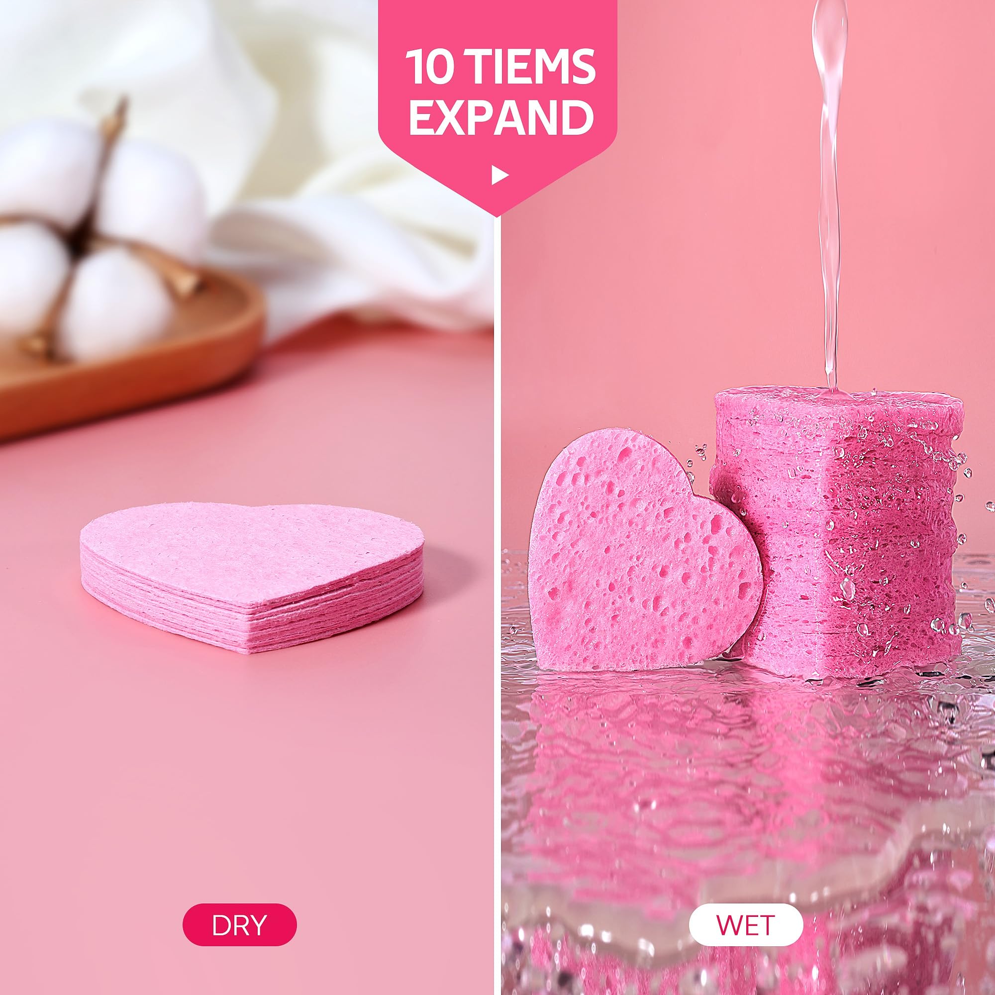 GAINWELL 50-Count Heart Shape Compressed Facial Sponges for Daily Facial Cleansing and Exfoliating, 100% Natural Cosmetic Spa Sponges for Makeup Remover