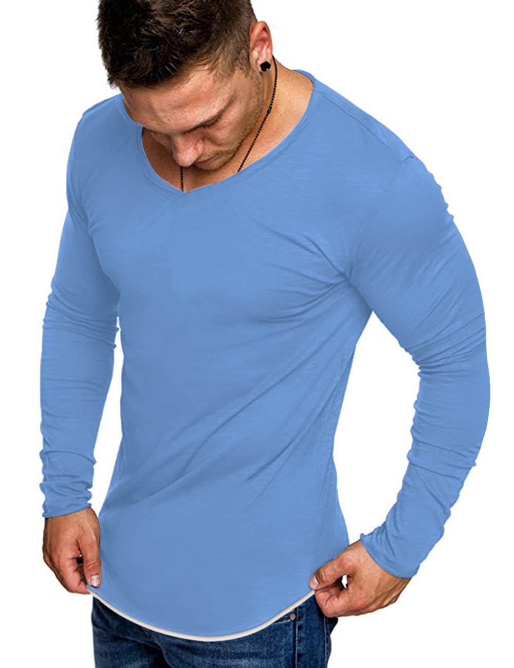 iWoo Mens V Neck Sweater Long Sleeve T Shirts Gym Bodybuilding Tee Shirt Pullover Tops Basic Undershirt Tees Blue XXL
