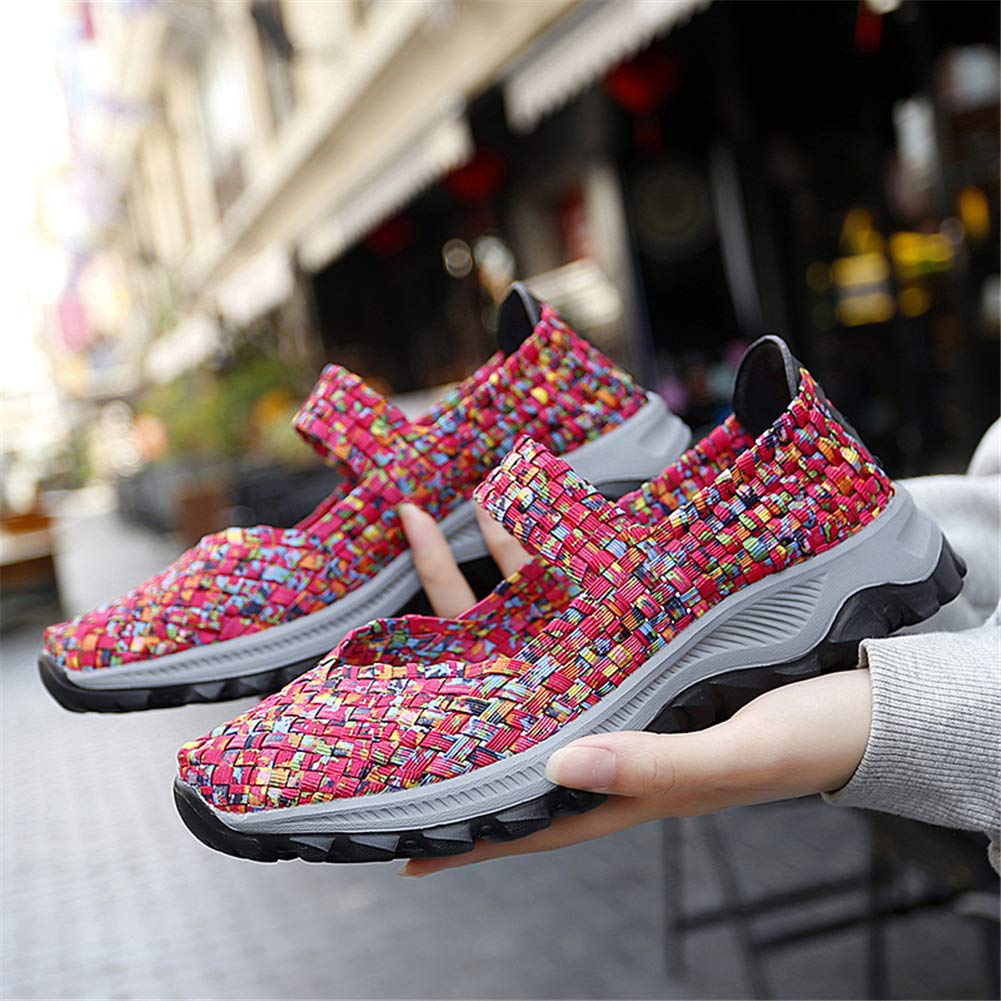 GOSPT Women's Elastic Woven Walking Shoes Mary Jane Flats Slip on Sneakers Multicoloured Red 7.5