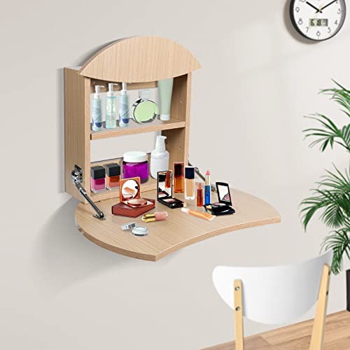 TRENDBOX Round Wall Mounted Desks Home Office Desks Folding Vanity Desk Small Desks for Small Spaces Desks for Makeup with Storage (Khaki)