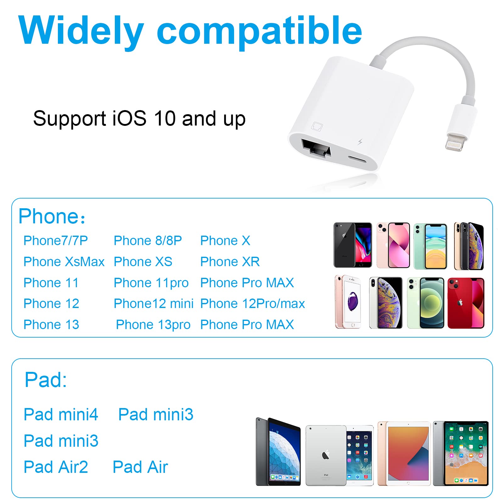 Lightning to Ethernet RJ45 LAN Network Adapter with Charging Port for lPhone,lPad 10/100Mbps High Speed,Plug and Play Supports All iOS