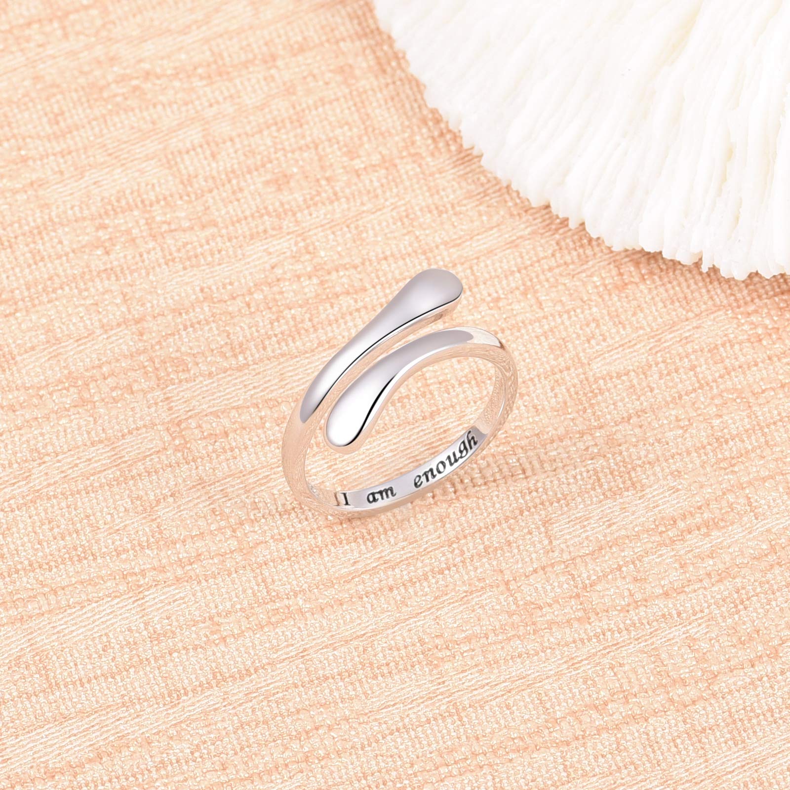 Fookduoduo 925 Sterling Silver Ring Inspirational Jewelry adjustable Wrap Open Rings for Women (I am enough)