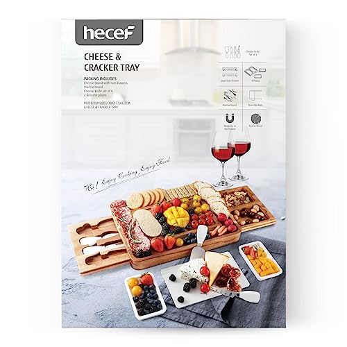 hecef Cheese Board Set Acacia Wood - Large Charcuterie Board with Stainless Steel Knife Set, Thick Wooden Server - Fancy House Warming Gift, Birthday Present & Perfect Choice for Gourmets