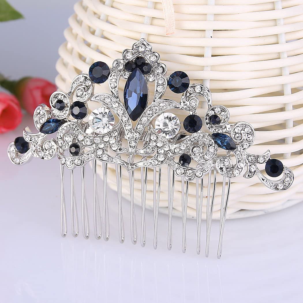 EVER FAITH Austrian Crystal Art Deco Flower Vine Wedding Prom Hair Comb fro Women Bride Bridesmaids Navy Blue Silver-Tone