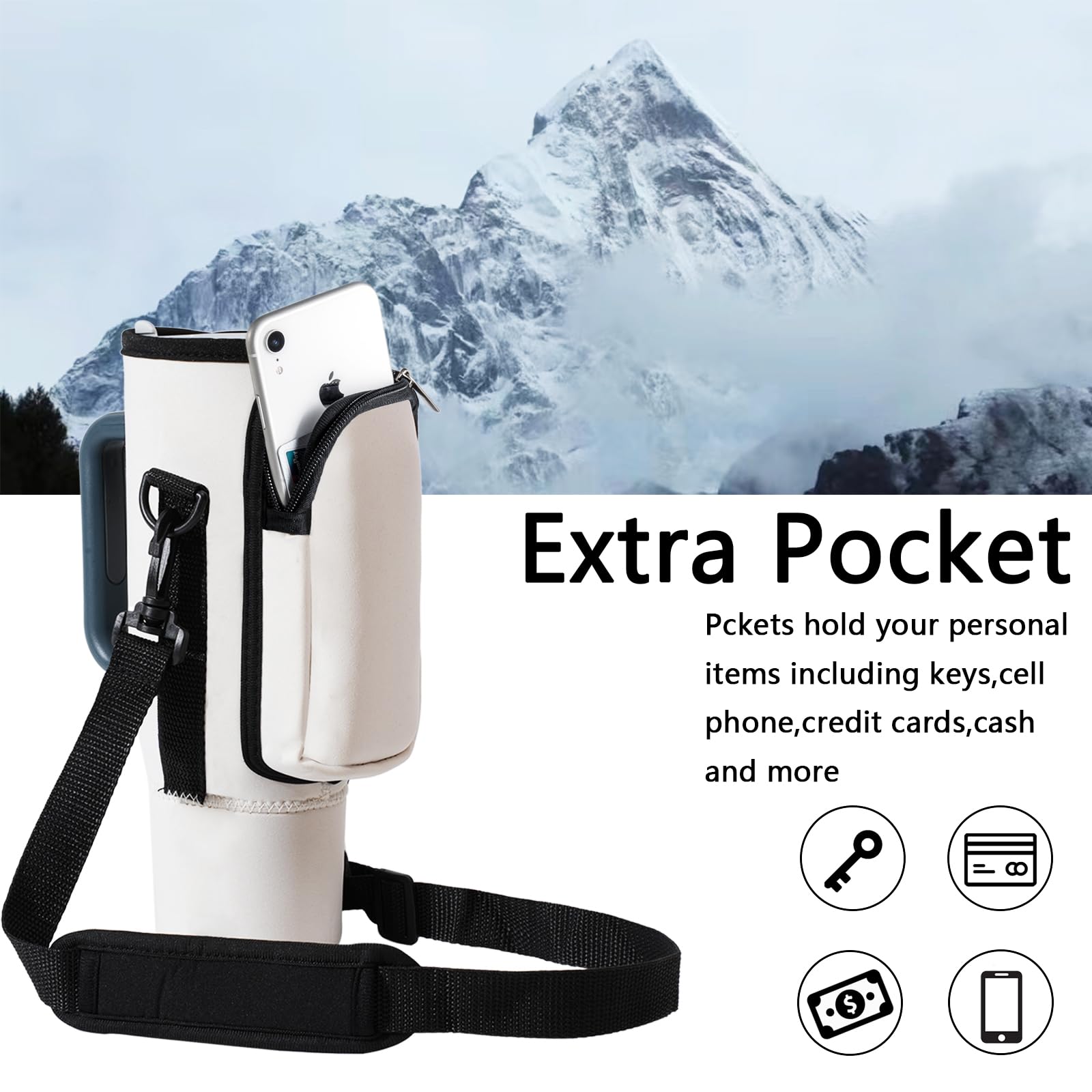 EFOBO Water Bottle Carrier Compatible with Stanley 40oz Tumbler with Handle, Bottle Holder with Adjustable Strap, Pocket and Straw Cover, Cup Accessories for Hiking Travelling Camping (Grey)